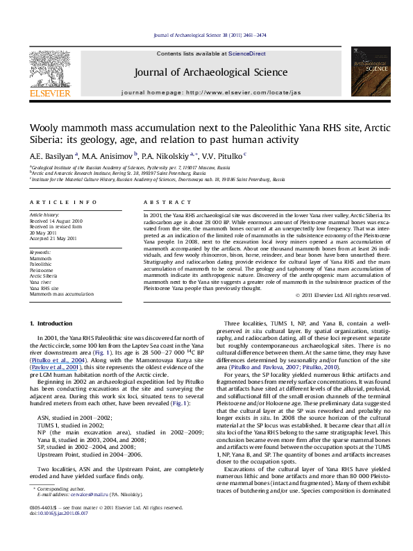 (PDF) Wooly mammoth mass accumulation next to the Paleolithic Yana RHS ...