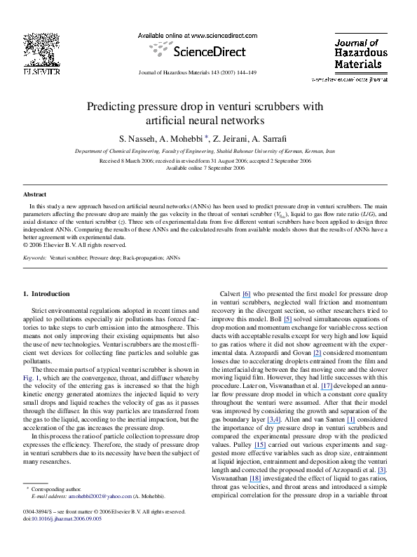 (PDF) Predicting pressure drop in venturi scrubbers with artificial neural networks