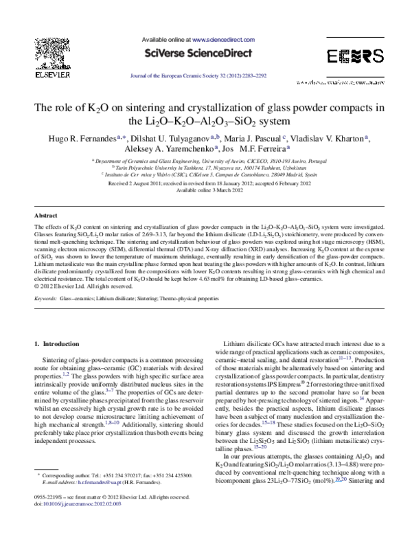 (PDF) The role of K2O on sintering and crystallization of glass powder compacts in the Li2O–K2O ...