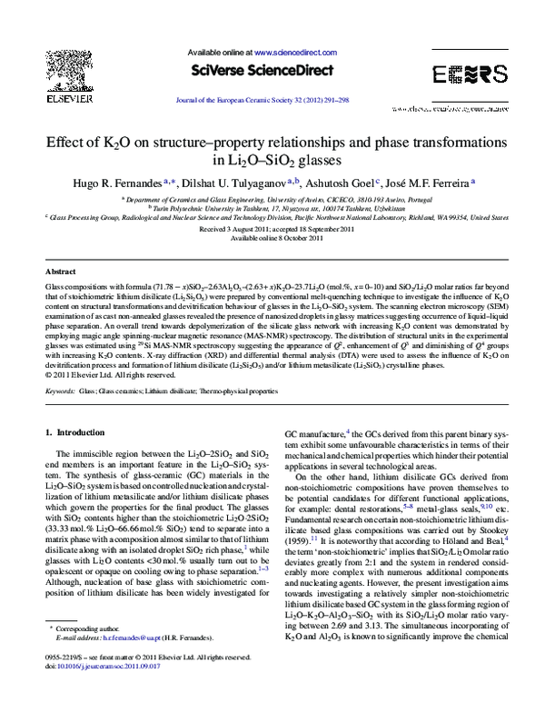 (PDF) Effect of K2O on structure–property relationships and phase transformations in Li2O–SiO2 ...