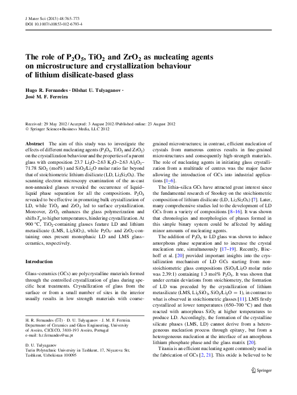 (PDF) The role of P2O5, TiO2 and ZrO2 as nucleating agents on microstructure and crystallization ...