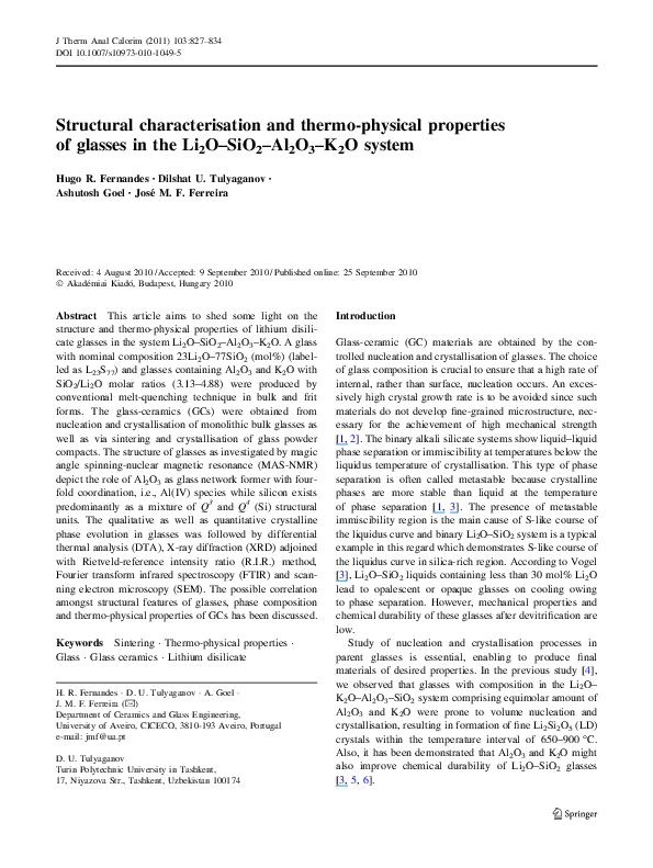 (PDF) Structural characterisation and thermo-physical properties of glasses in the Li2O–SiO2 ...