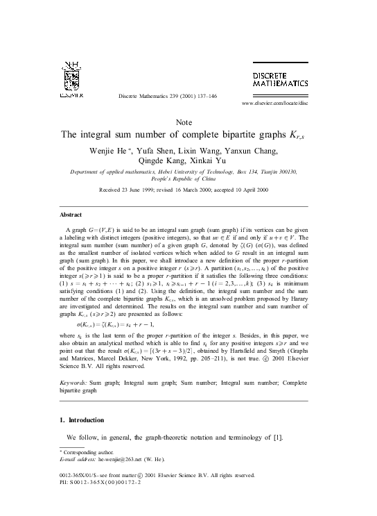 (PDF) The integral sum number of complete bipartite graphs Kr, s