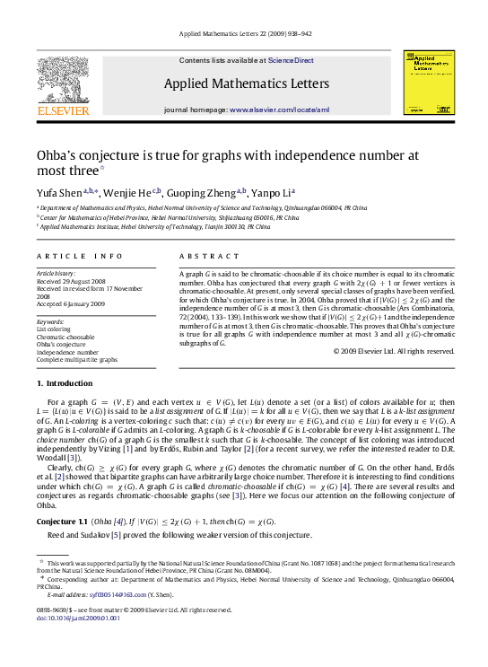 (PDF) Ohba's conjecture is true for graphs with independence number at ...