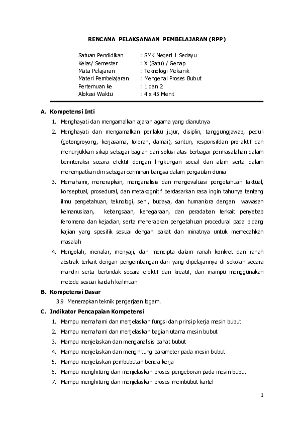 (PDF) DRAFT RPP Mengenal Proses Bubut aswan sembiring