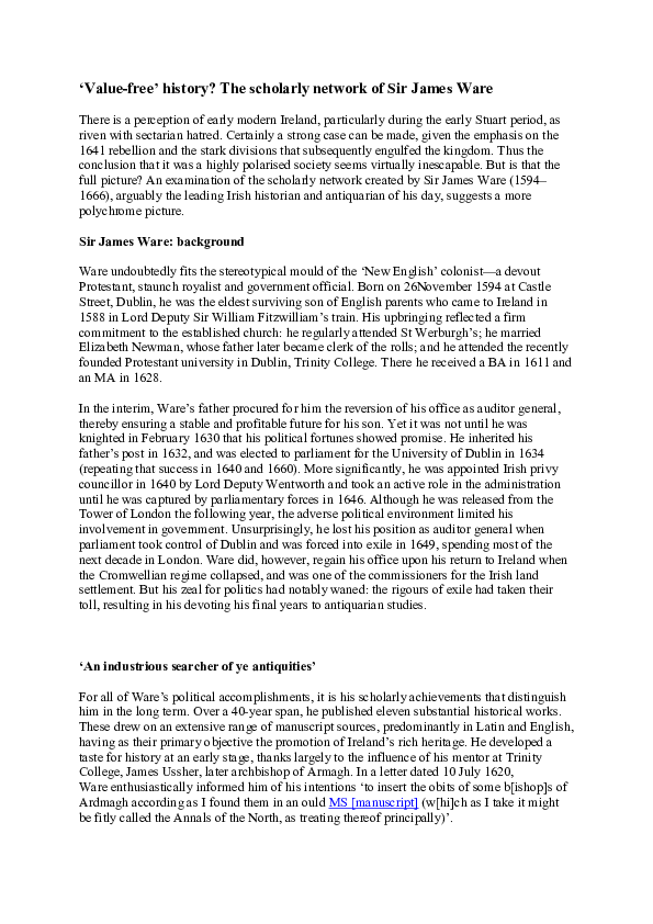 (PDF) VALUE–FREE' HISTORY? The scholarly network of Sir James Ware