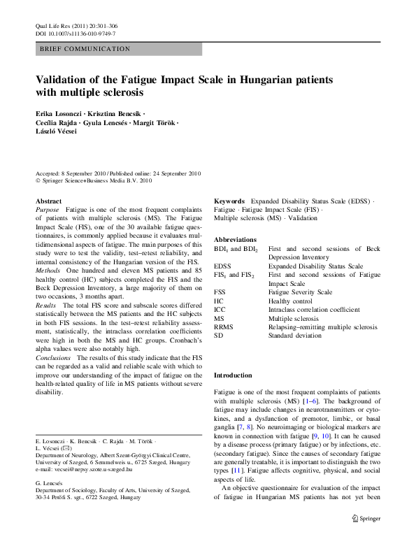 (PDF) Validation of the Fatigue Impact Scale in Hungarian patients with ...