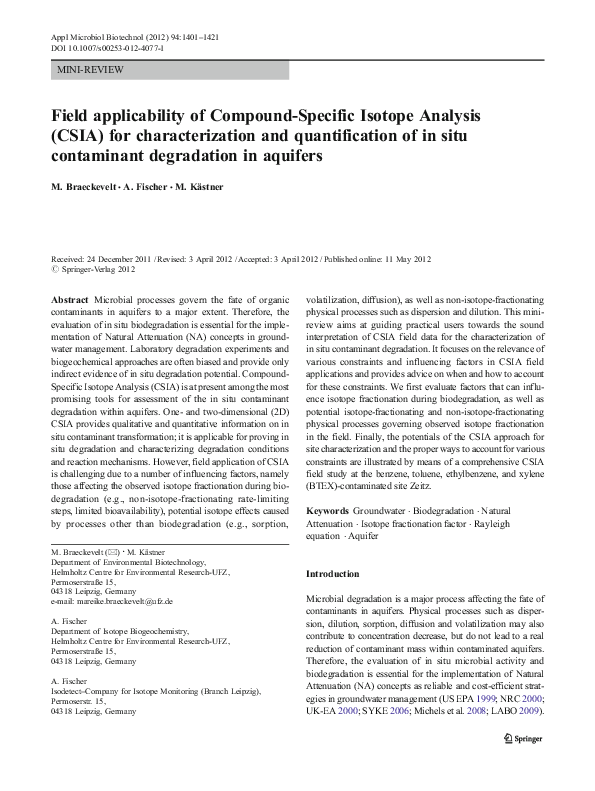 (PDF) Field applicability of Compound-Specific Isotope Analysis (CSIA) for characterization and ...