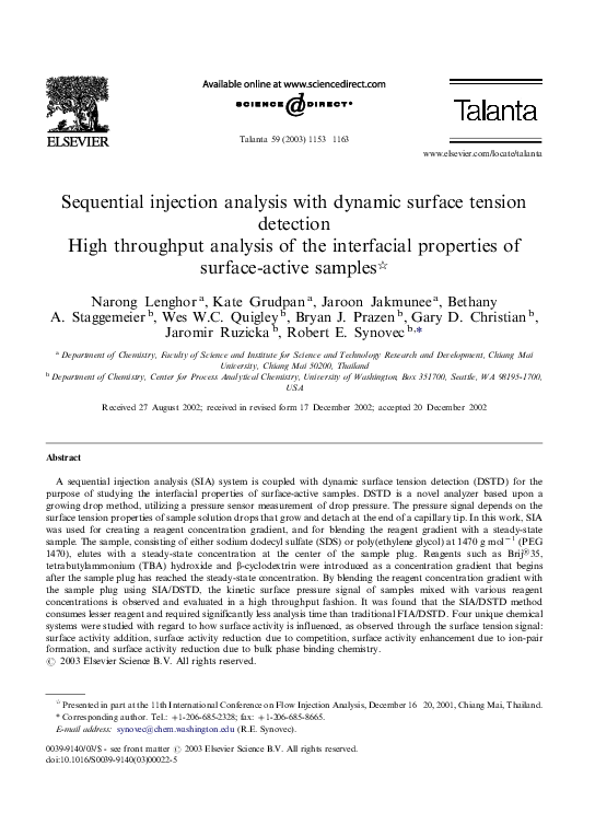 (PDF) Sequential injection analysis with dynamic surface tension detection