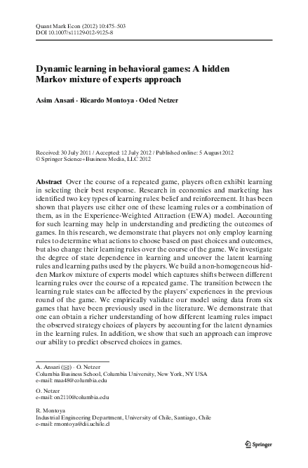 (PDF) Dynamic learning in behavioral games: A hidden Markov mixture of experts approach