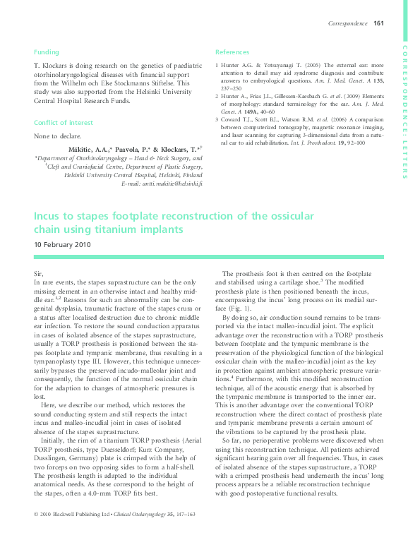 (PDF) Incus to stapes footplate reconstruction of the ossicular chain ...