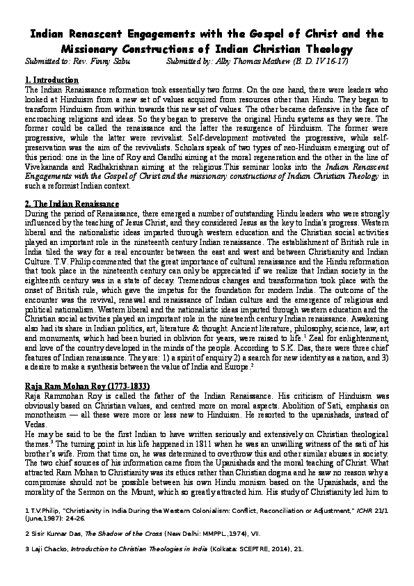 (DOC) Indian Renascent Engagements with the Gospel of Christ and the ...