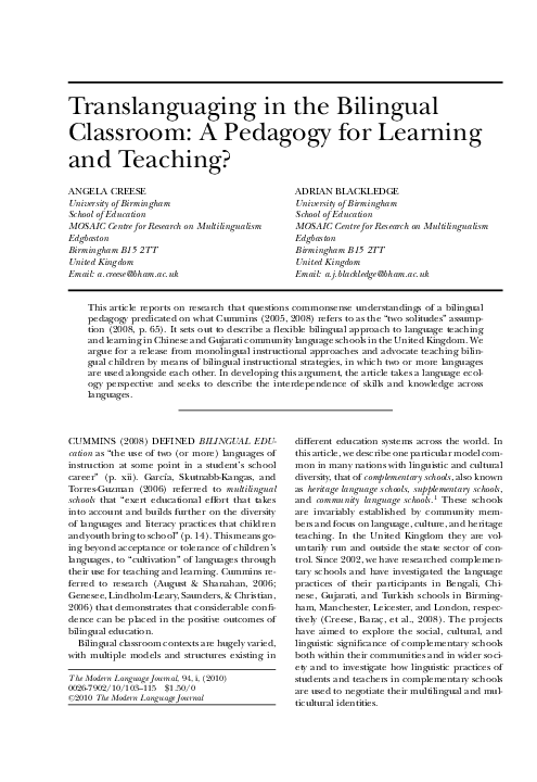 Translanguaging in the Bilingual Classroom: A Pedagogy for Learning and ...