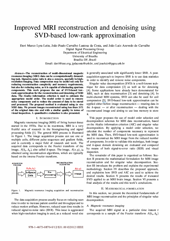 (PDF) Improved MRI reconstruction and denoising using SVD-based low-rank approximation