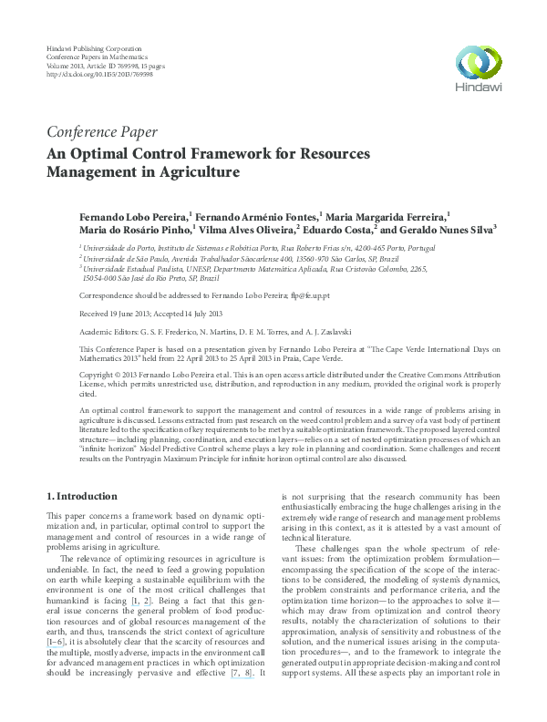 (PDF) An Optimal Control Framework for Resources Management in Agriculture
