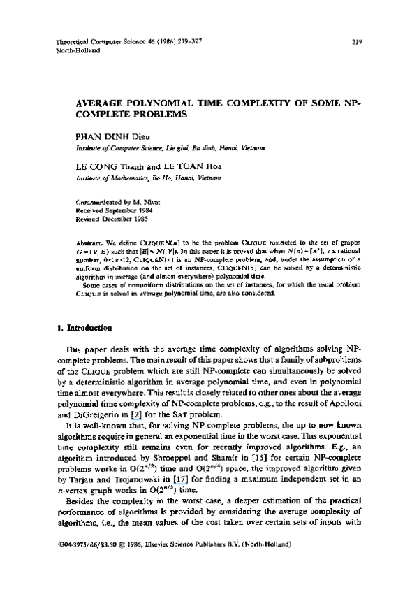 Pdf Average Polynomial Time Complexity Of Some Np Complete Problems