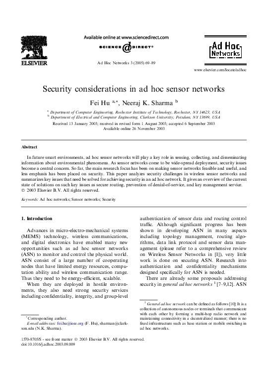 (PDF) Security considerations in ad hoc sensor networks