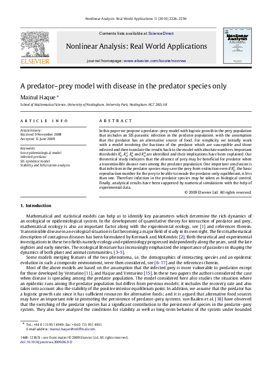 (PDF) A predator–prey model with disease in the predator species only