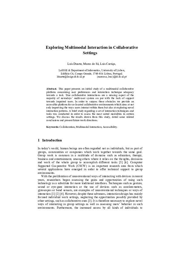 Pdf Exploring Multimodal Interaction In Collaborative Settings