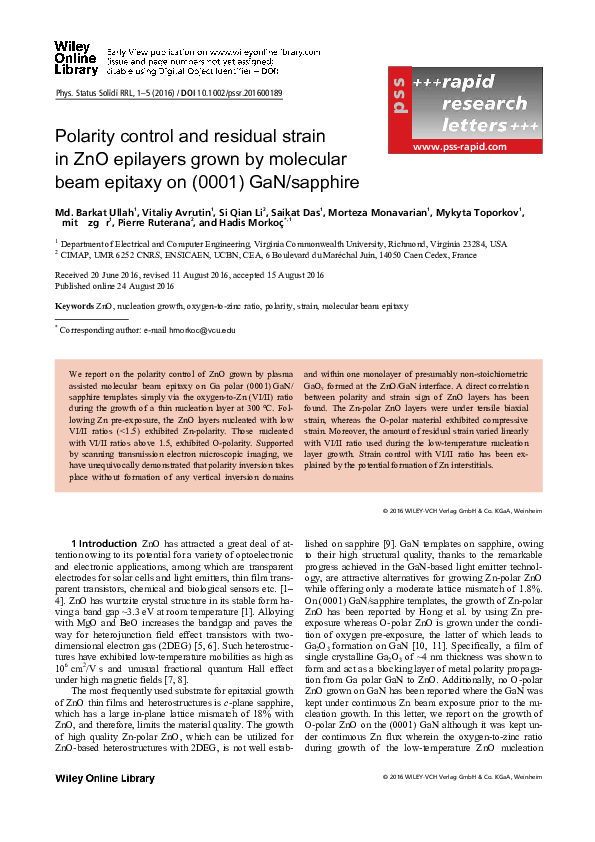 (PDF) Polarity control and residual strain in ZnO epilayers grown by molecular beam epitaxy on ...