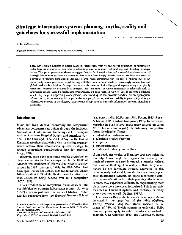 (PDF) Strategic information systems planning: myths, reality and guidelines for successful ...