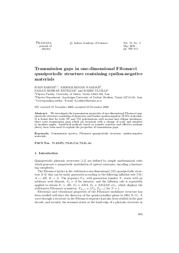 Pdf Transmission Gaps In One Dimensional Fibonacci Quasiperiodic Structure Containing Epsilon