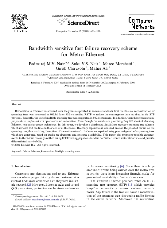 (PDF) Bandwidth sensitive fast failure recovery scheme for Metro Ethernet