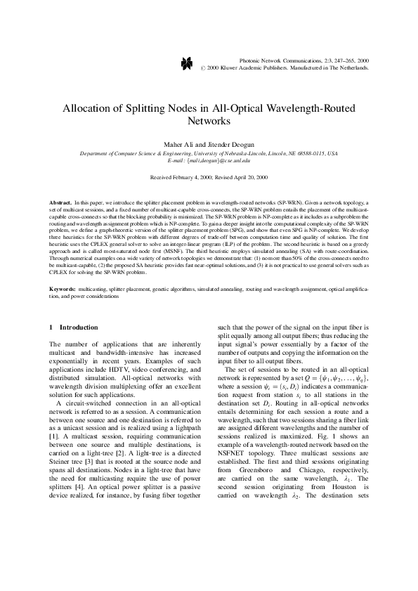 (PDF) Allocation of splitting nodes in all-optical wavelength-routed ...