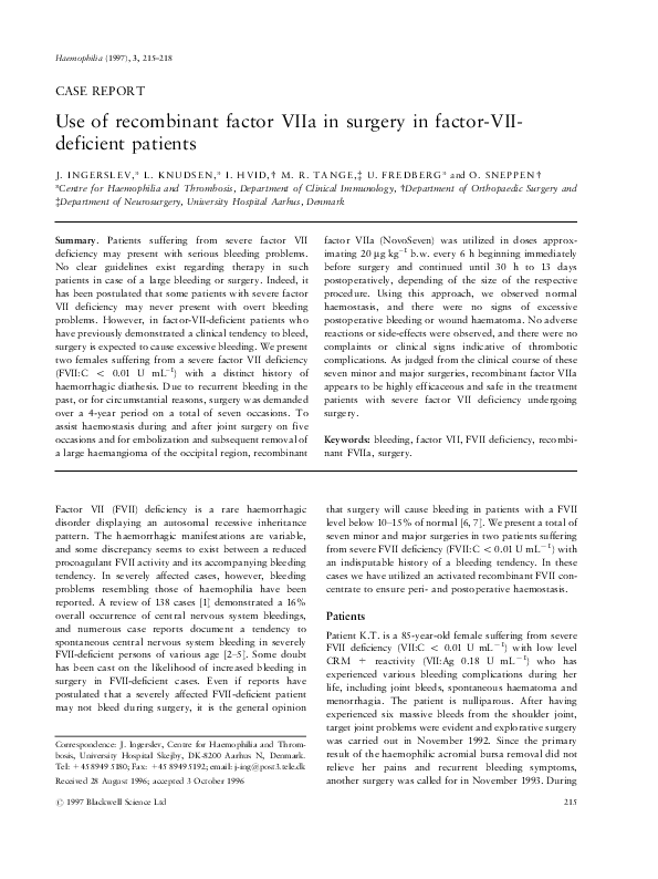 (PDF) Use of recombinant factor VIIa in surgery in factor-VII-deficient ...
