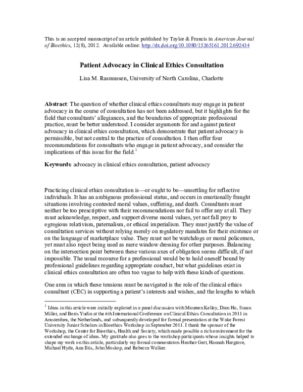 (PDF) Patient advocacy in clinical ethics consultation
