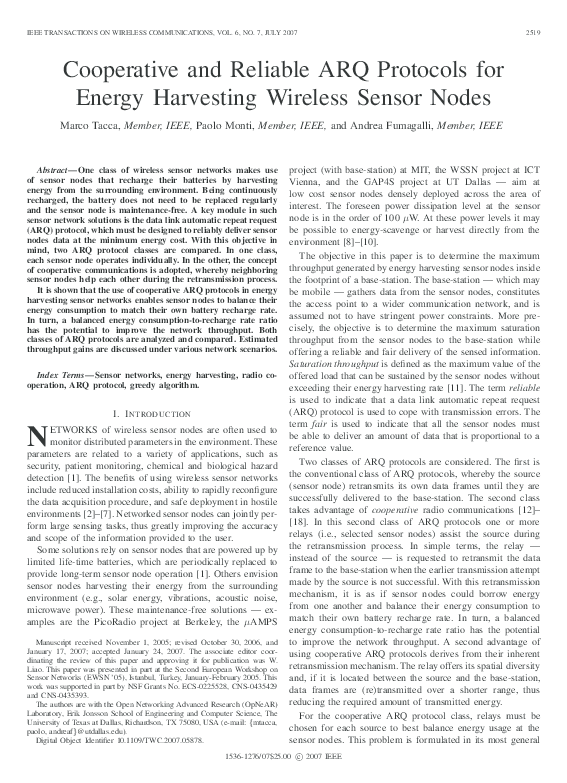 Pdf Cooperative And Reliable Arq Protocols For Energy Harvesting Wireless Sensor Nodes Marco