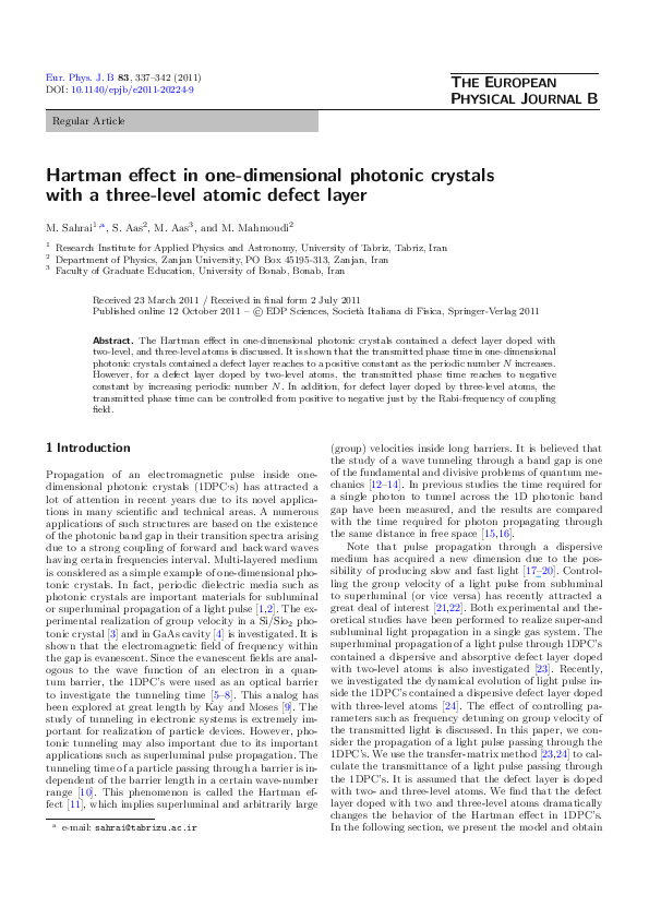 (PDF) Hartman effect in one-dimensional photonic crystals with a three-level atomic defect layer