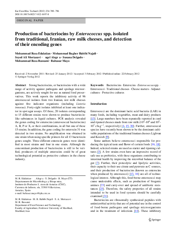 (PDF) Production of bacteriocins by Enterococcus spp. isolated from traditional, Iranian, raw ...