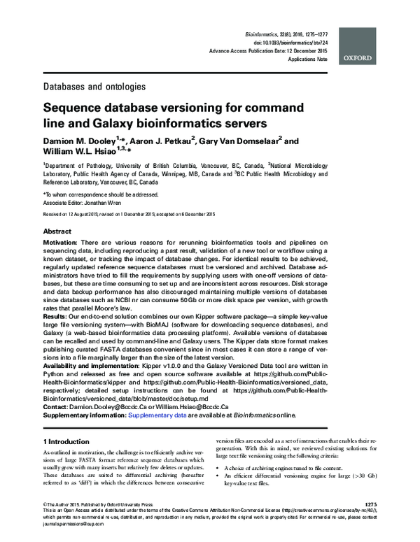 (PDF) Sequence database versioning for command line and Galaxy bioinformatics servers
