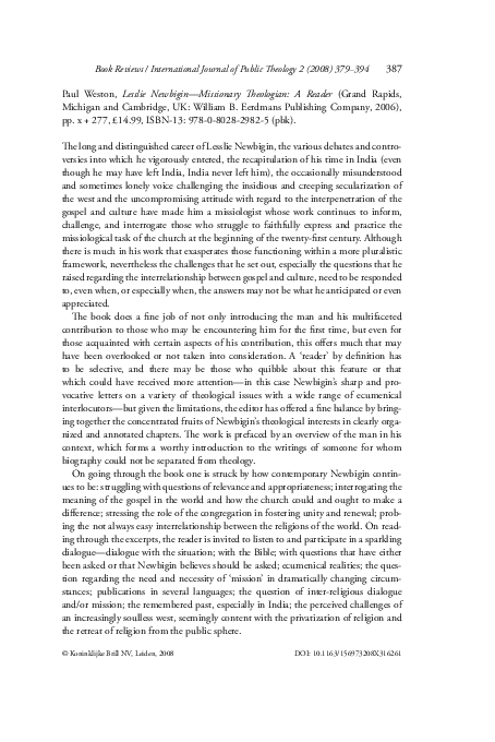 (PDF) Lesslie Newbigin—Missionary Theologian: A Reader