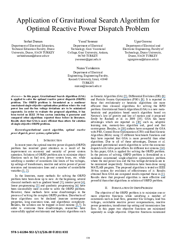 Pdf Application Of Gravitational Search Algorithm For Optimal Reactive Power Dispatch Problem