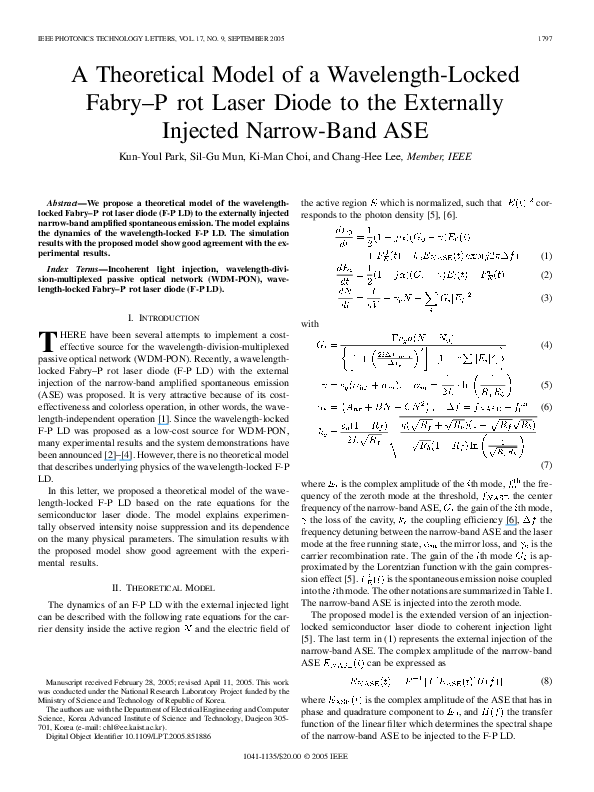 (PDF) A theoretical model of a wavelength-locked Fabry-Pe´rot laser diode to the externally ...