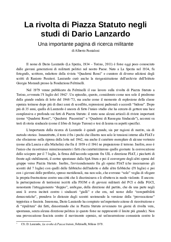(DOC) La rivolta di Piazza Statuto negli studi di Dario Lanzardo