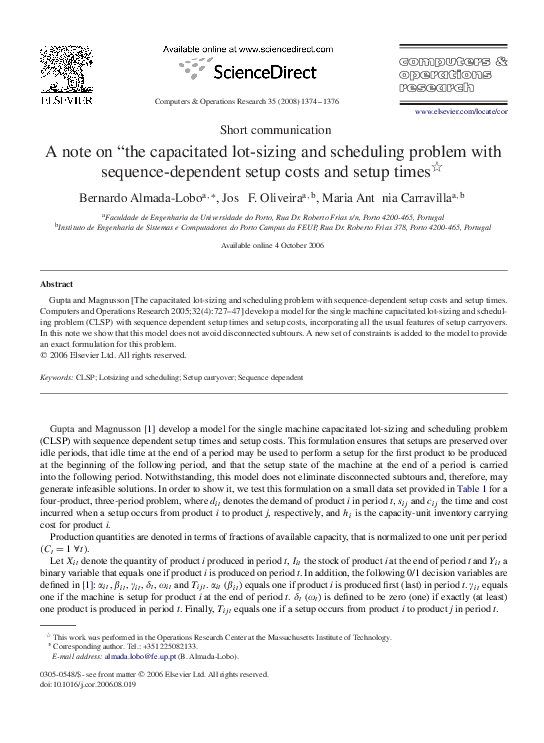(PDF) A note on "the capacitated lot-sizing and scheduling problem with sequence-dependent setup ...
