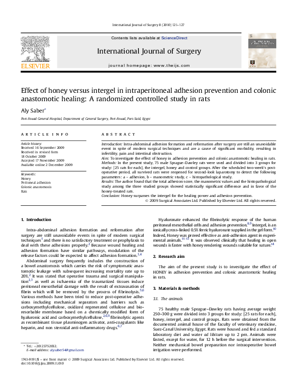 (PDF) Effect of honey versus intergel in intraperitoneal adhesion ...