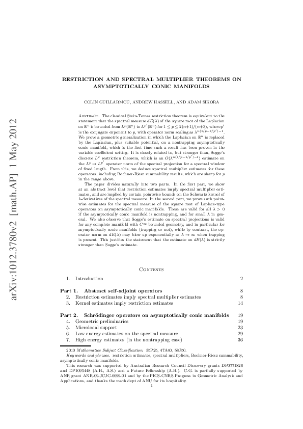 (PDF) Restriction and spectral multiplier theorems on asymptotically conic manifolds | Adam ...