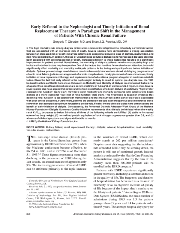 (PDF) Early referral to the nephrologist and timely initiation of renal ...