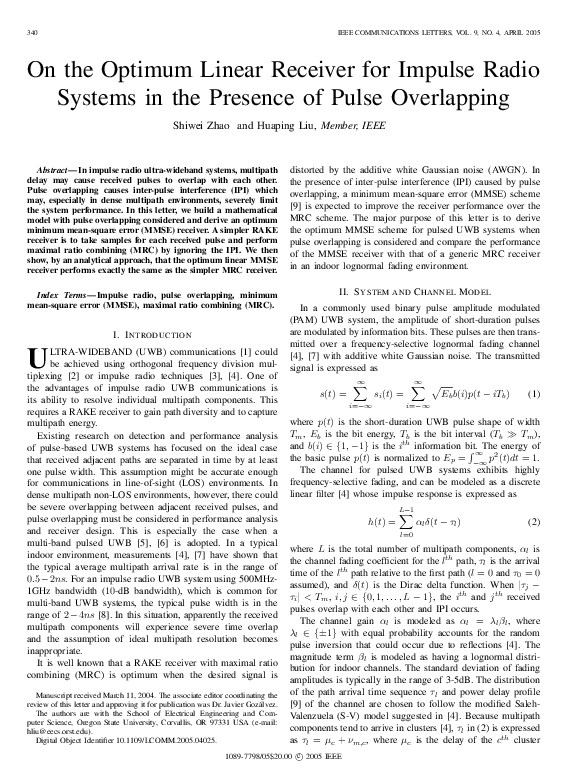 (PDF) On the optimum linear receiver for impulse radio systems in the ...