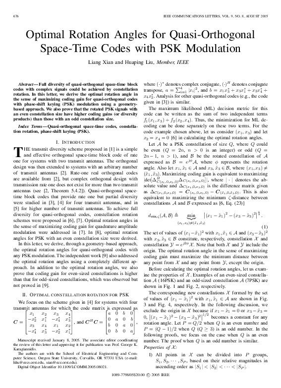 Pdf Optimal Rotation Angles For Quasi Orthogonal Space Time Codes With Psk Modulation