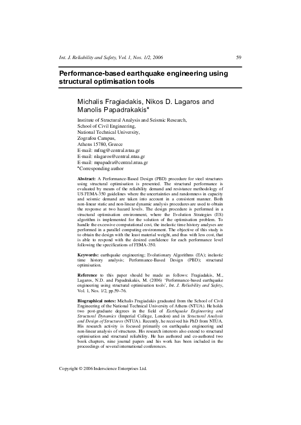 Pdf Performance Based Earthquake Engineering Using Structural Optimisation Tools