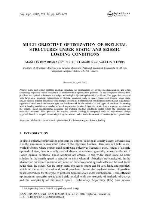 Pdf Multi Objective Optimization Of Skeletal Structures Under Static And Seismic Loading