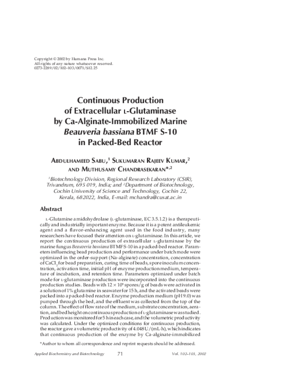 (PDF) Continuous production of extracellular l -glutaminase by ca-alginate-immobilized marine ...