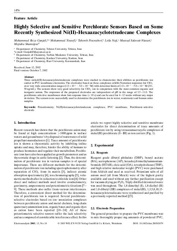 (PDF) Highly Selective and Sensitive Perchlorate Sensors Based on Some Recently Synthesized Ni ...