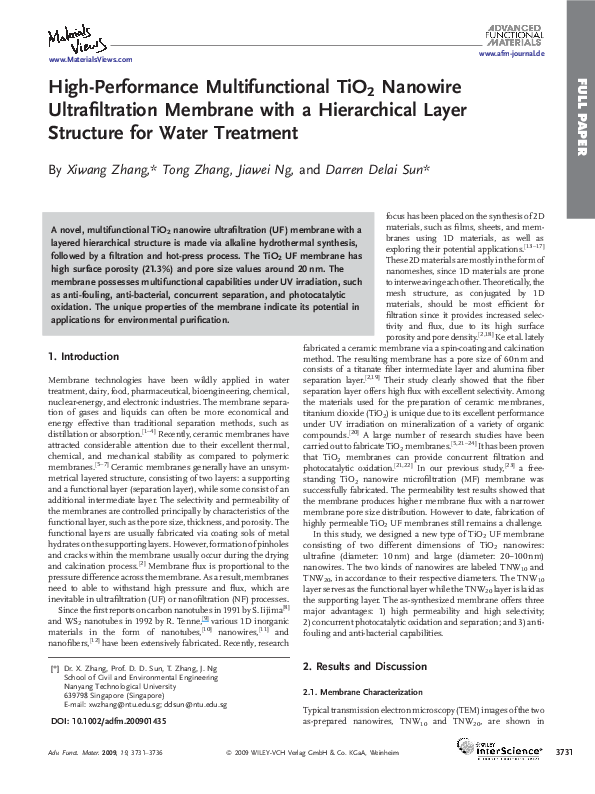 (PDF) High-Performance Multifunctional TiO 2 Nanowire Ultrafiltration Membrane with a ...
