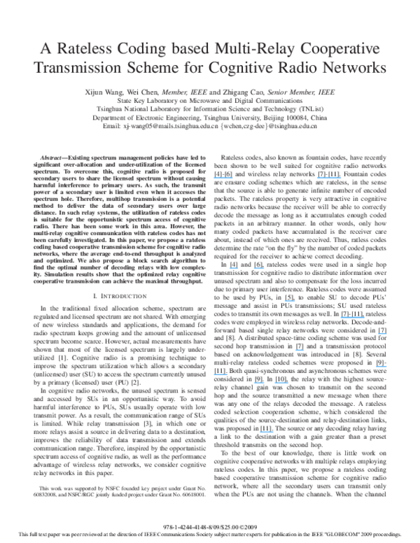 Pdf A Rateless Coding Based Multi Relay Cooperative Transmission Scheme For Cognitive Radio